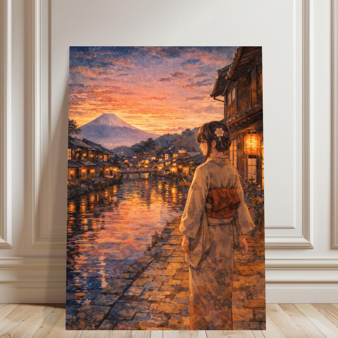 Mt Fuji Sunset River Art Poster Print, Japanese Kimono Girl Landscape ...