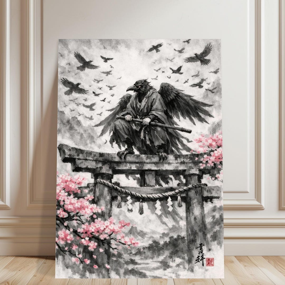 Crow Tengu on Torii Gate Poster Print | Japanese Ink Watercolor Art ...