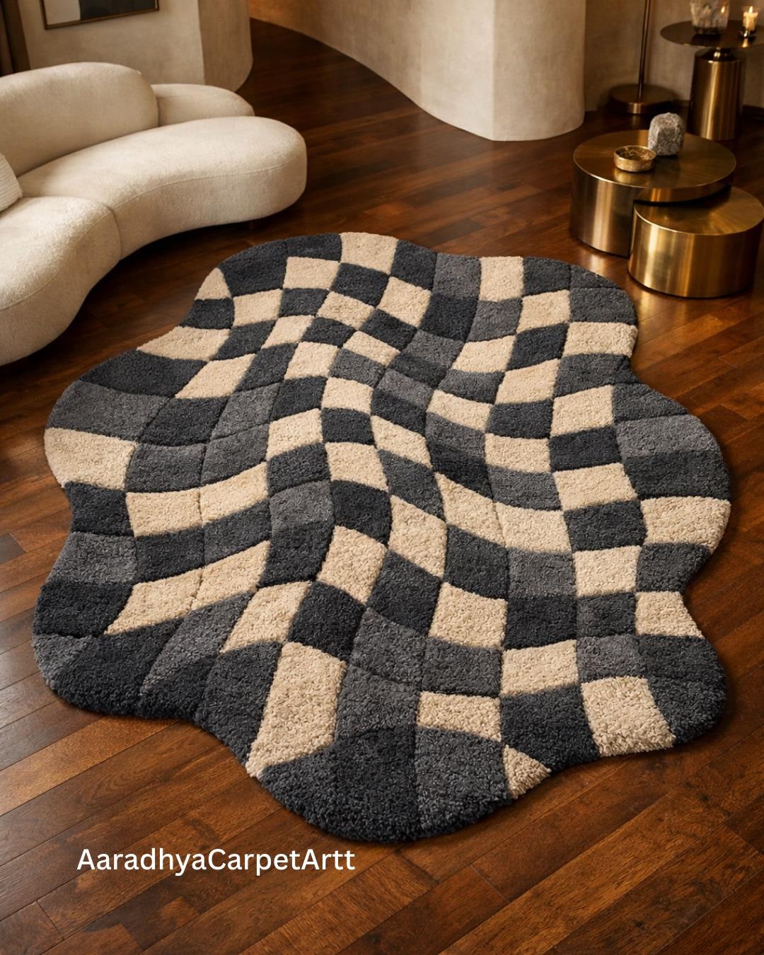 Wavy Checkerboard Tufted Rug, Neutral Organic Blob Area Carpet, Modern ...