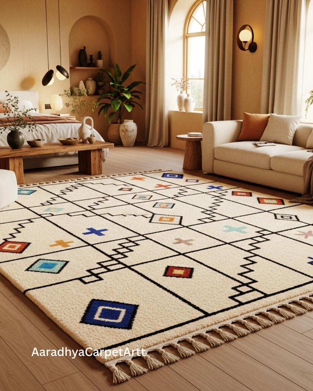 Hand Tufted Moroccan Wool Rug, Cream Geometric Berber Carpet, Boho ...