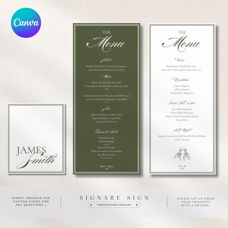 Classic Menus + Name Card Template | Editable Wedding Menu + Place ...