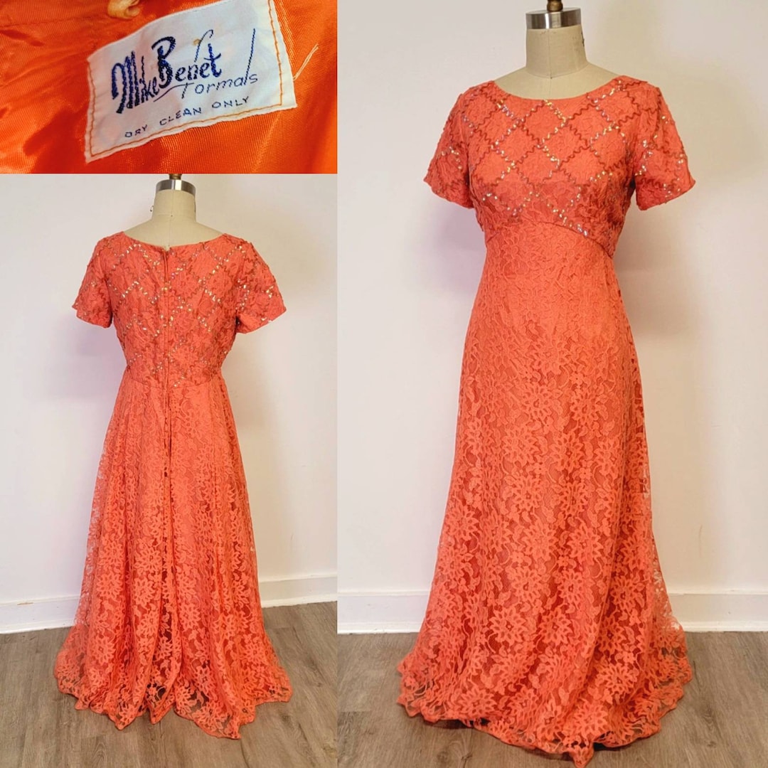 60s Formal Dress,bright Orange Lace, Prom Dress, Orange Sequin, Gown ...
