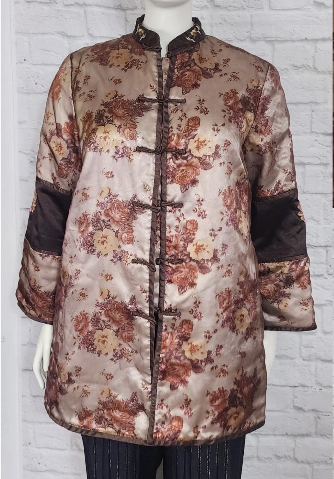 70s Chinese Jacket, Brown Satin, Nehru, Boxy, Embroidered Floral, Mid ...