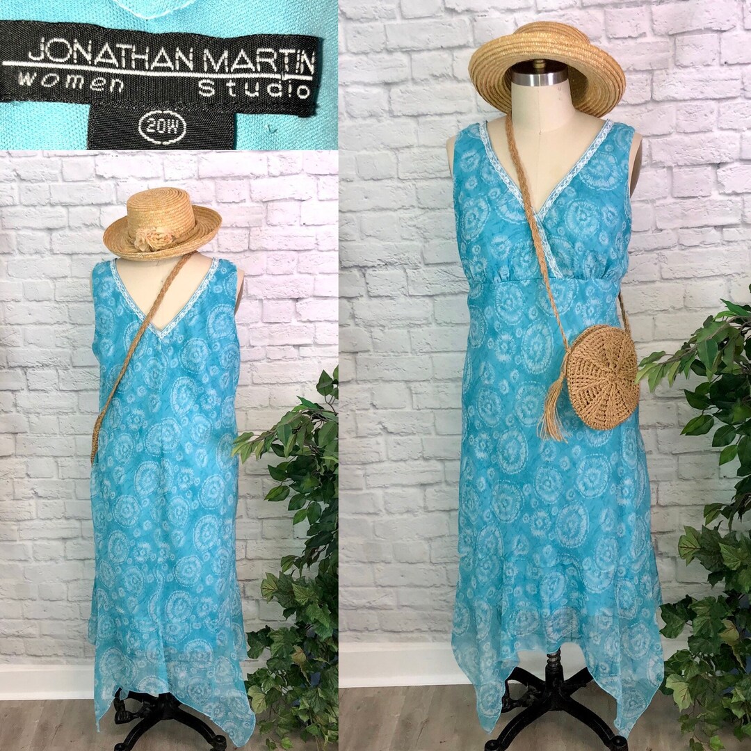 20W Plus Size 90s Bias Cut Sundress Aqua Blue 90s Hanky Hem Empire ...