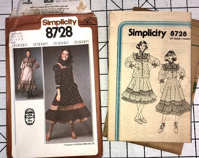 Simplicity 8728 Gunne Sax Sewing Pattern Size 6 & 8 Long Sleeve 2pc ...
