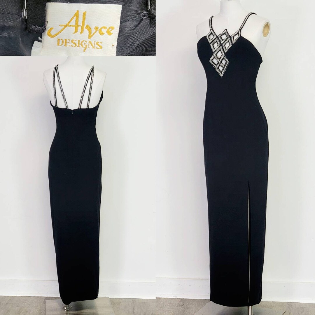 90s Bombshell Dress Beaded Cut Out Neckline, Gothic Witchy, Column Prom ...