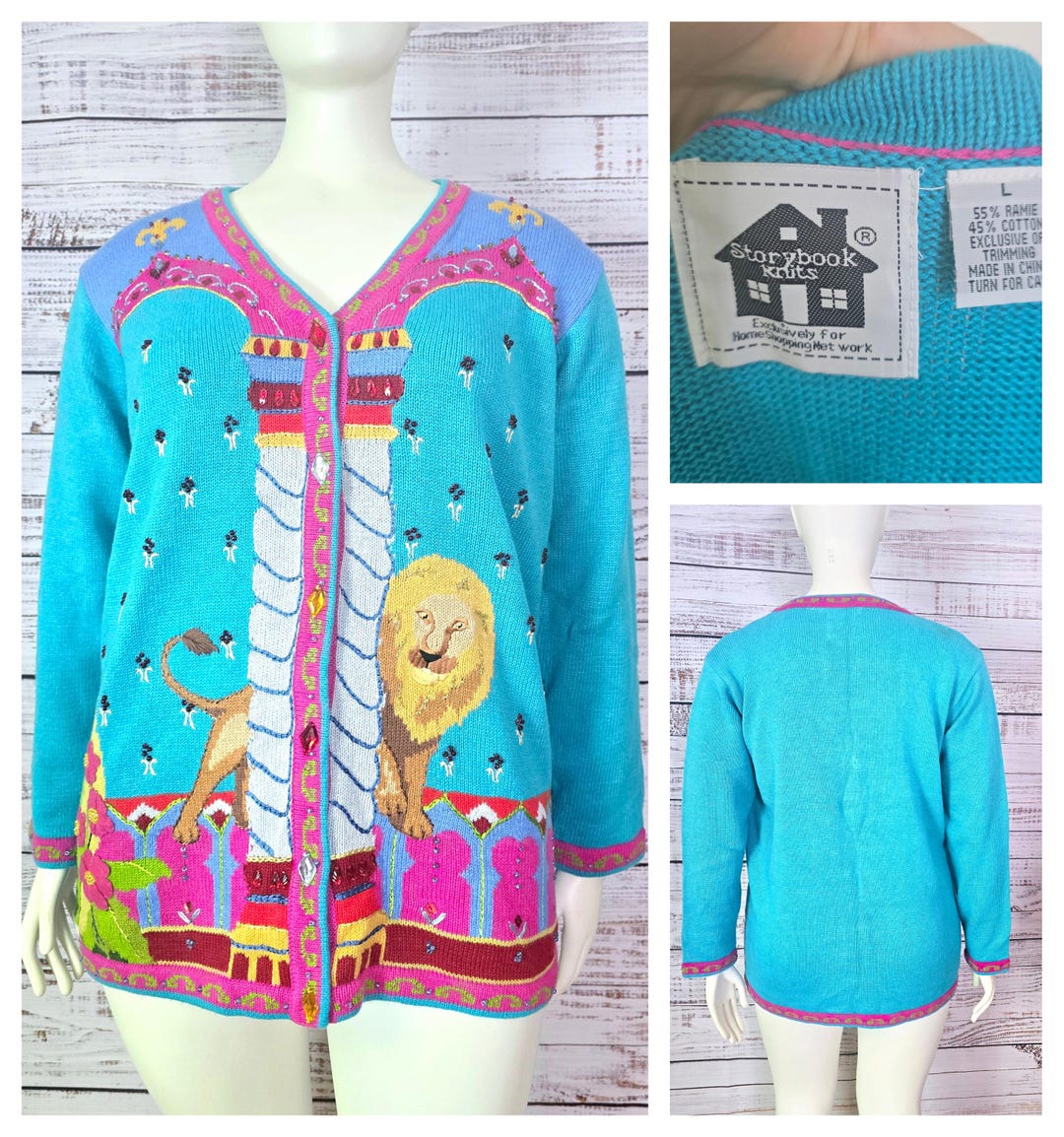 90s/y2k Lion Sweater, Novelty Circus Cardigan, Beaded Sequin Blue ...