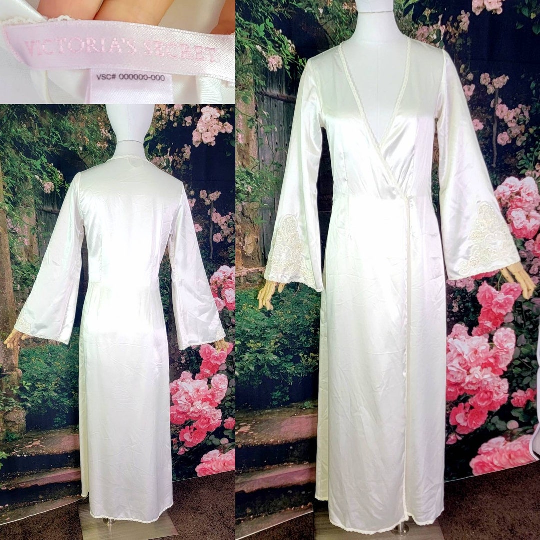 Ivory Satin Dressing Gown Bridal Robe Beaded Lace Bell Sleeves XS ...