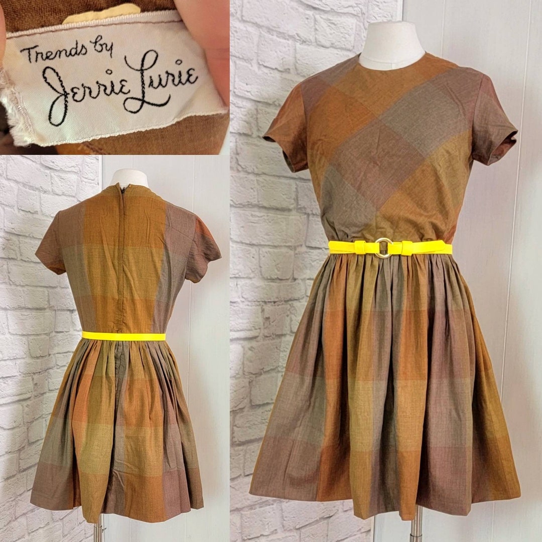 Vintage 50s Fall Dress, Rockabilly Pinup -plaid Brown Orange Gray, Fall ...