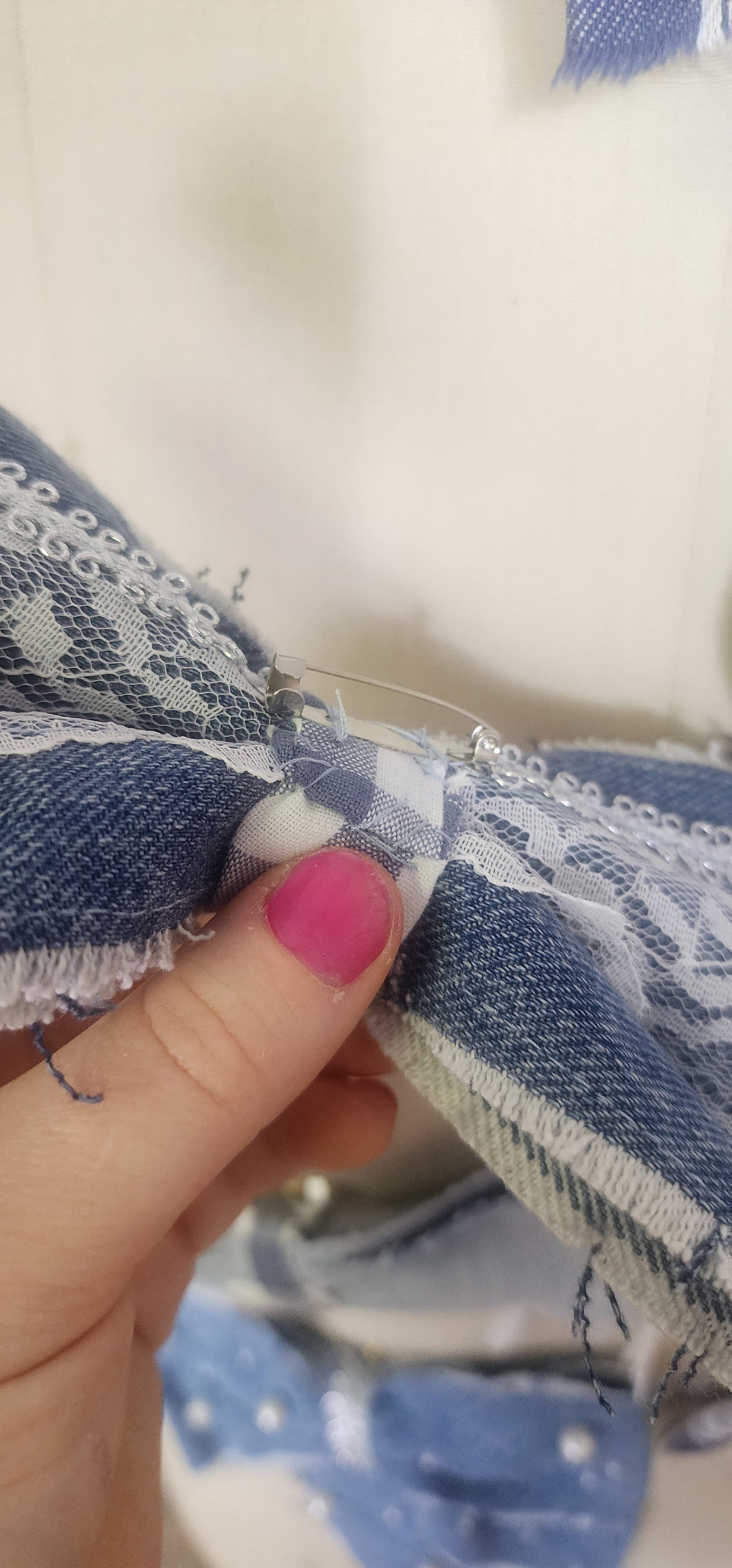 7 Fancy Denim Bow Pins, Assorted Mix Button Pearl Beaded Ribbon ...