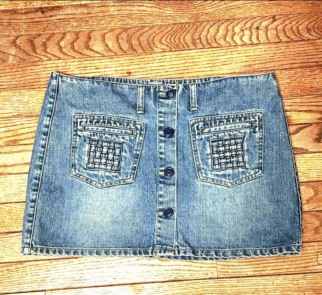 Y2K 00s Super Micro Mini Skirt Low Rise Denim Button Front Woven Pocket ...
