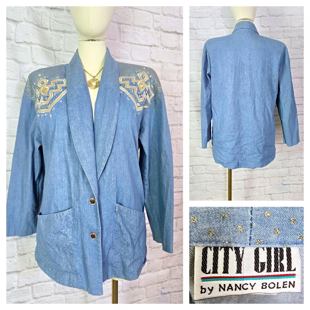 80s/90s Blue Denim Gold Embroidered Bling Studded Boxy Blazer Shawl ...