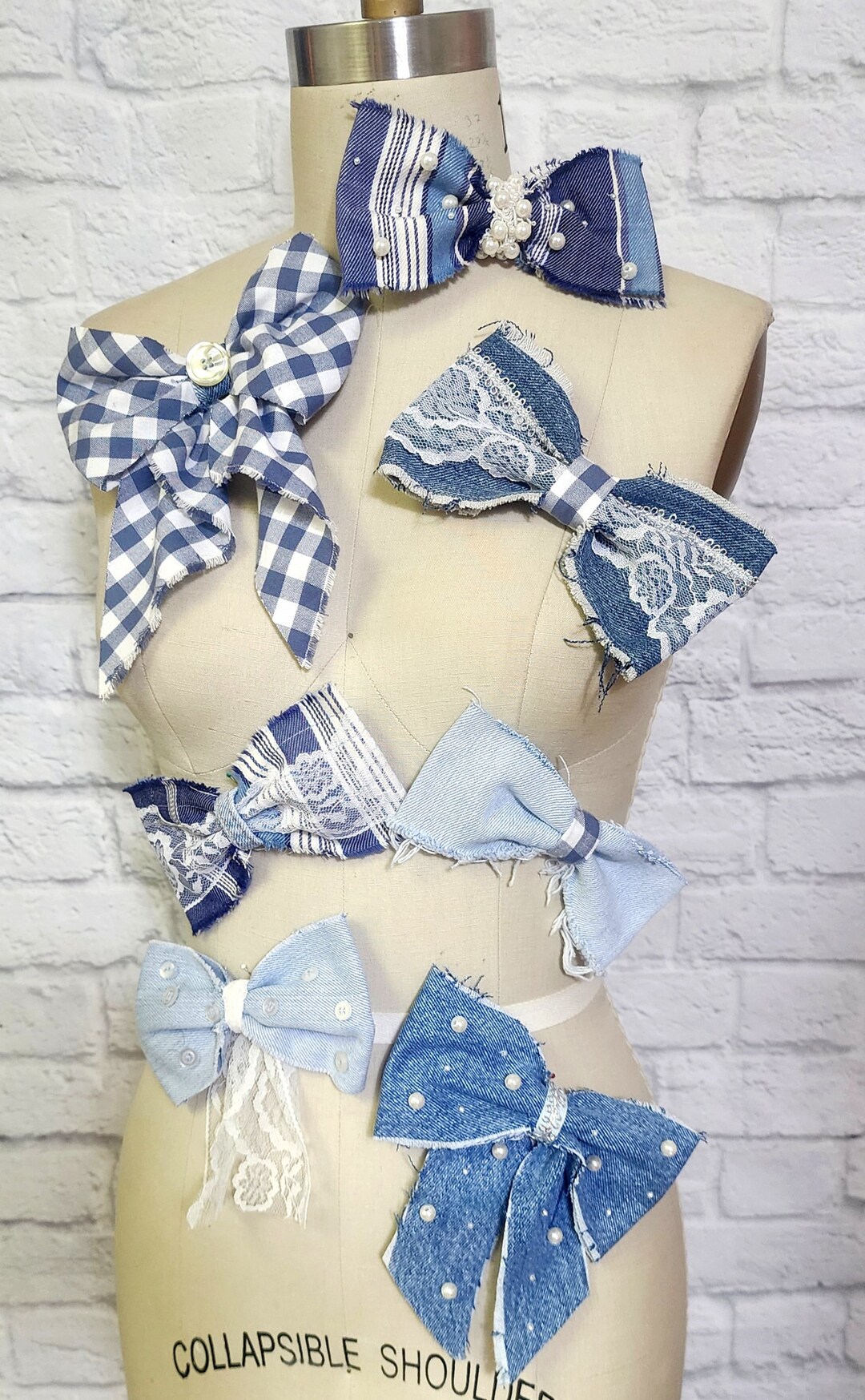 7 Fancy Denim Bow Pins, Assorted Mix Button Pearl Beaded Ribbon ...