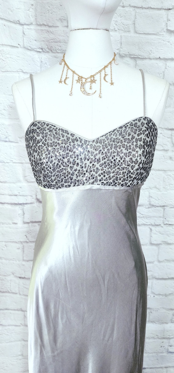 Y2k/90s Slip formal dress, prom gown, silver satin an… - Gem