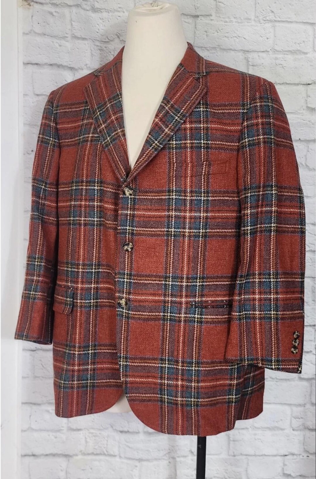 Mens 70s Plaid Blazer, Red Gray Wool Suit Jacket Menswear Dark Academia ...