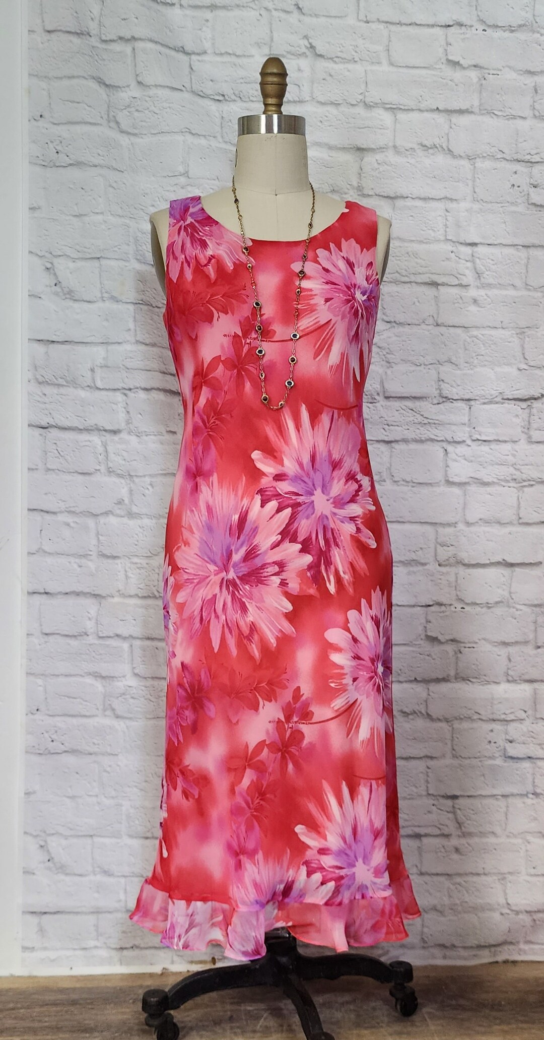 90s Y2K Bias Cut Slip Dress, Hot Pink Fuchsia Floral, Midi Shift, Abstract Tiedye Floral ...