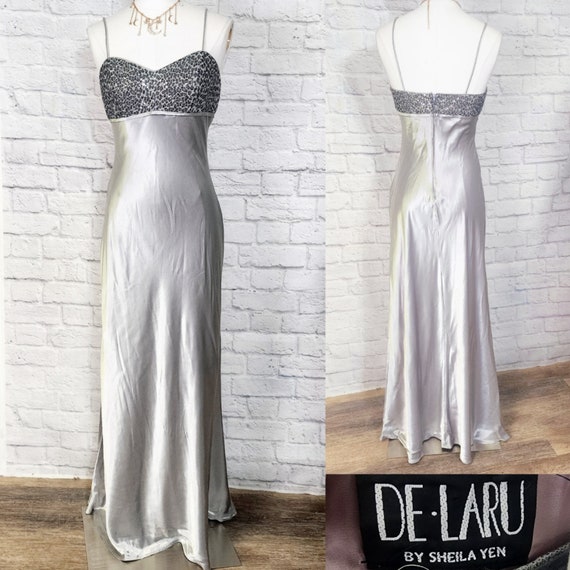 Y2k/90s Slip formal dress, prom gown, silver satin an… - Gem