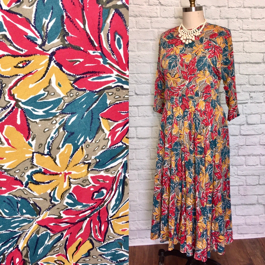 Size L 80s 90s Flowy Dress Fall Autumn Leaves Foliage Print 3/4 Sleeves ...