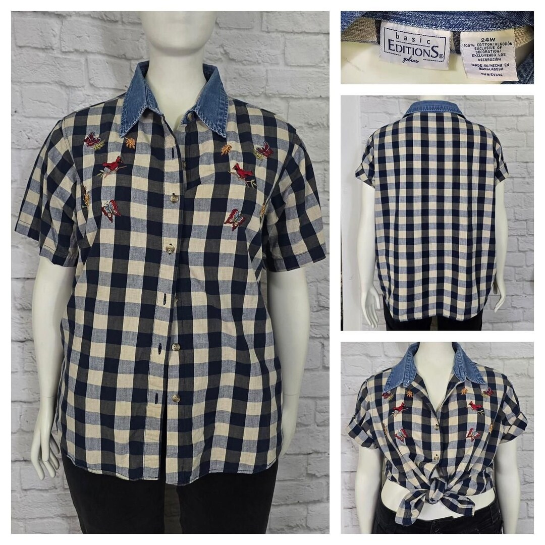 90s Fall Shirt, Autumn Vibes, Leaf Embroidered, Gingham Plaid Tan and ...