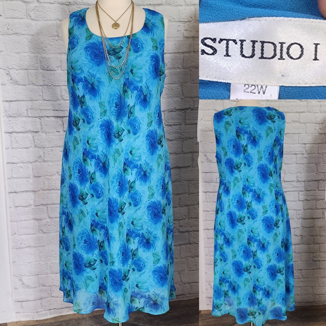Plus Size 90s/y2k Sundress, Aqua Blue Floral Chiffon, Comfortable ...