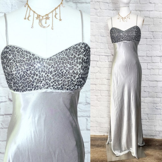Y2k/90s Slip formal dress, prom gown, silver satin an… - Gem