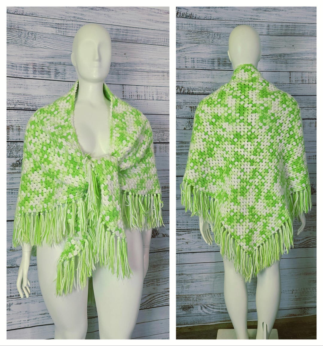 1970s Hand Chrochet Cape Shawl, Fringe Tassels, 70s Hippie Boho Green ...
