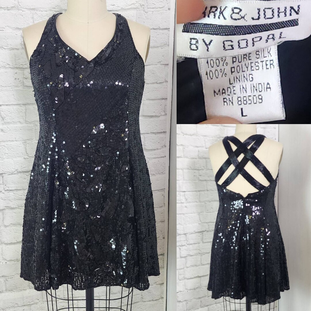 90s Dress, Gothic Party Frock, Black Sequin X Open Back Silk Sparkly ...