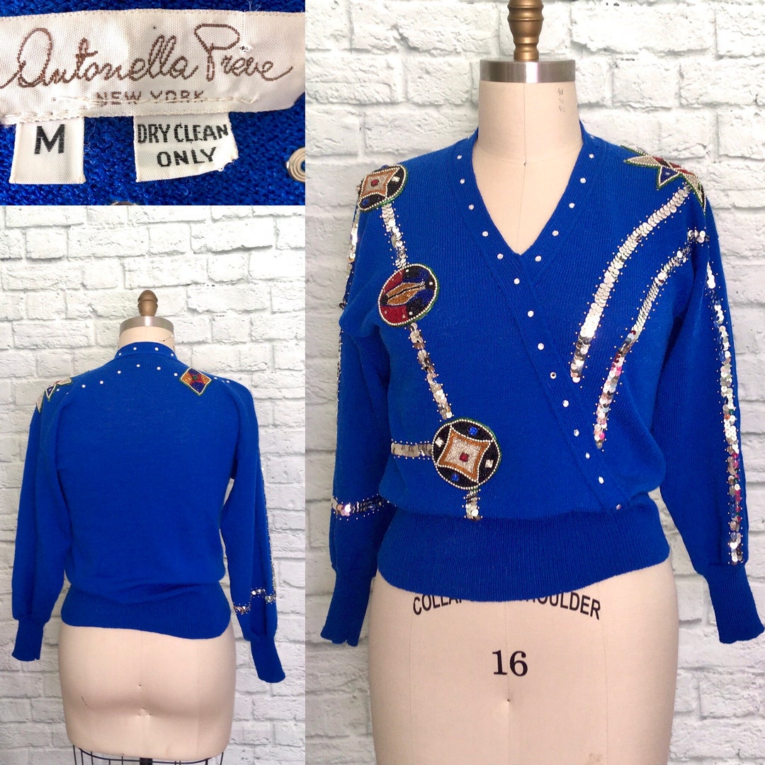 80s 1980s Royal Blue Bling Sweater Top Shirt Pullover Sequin Rhinestone ...