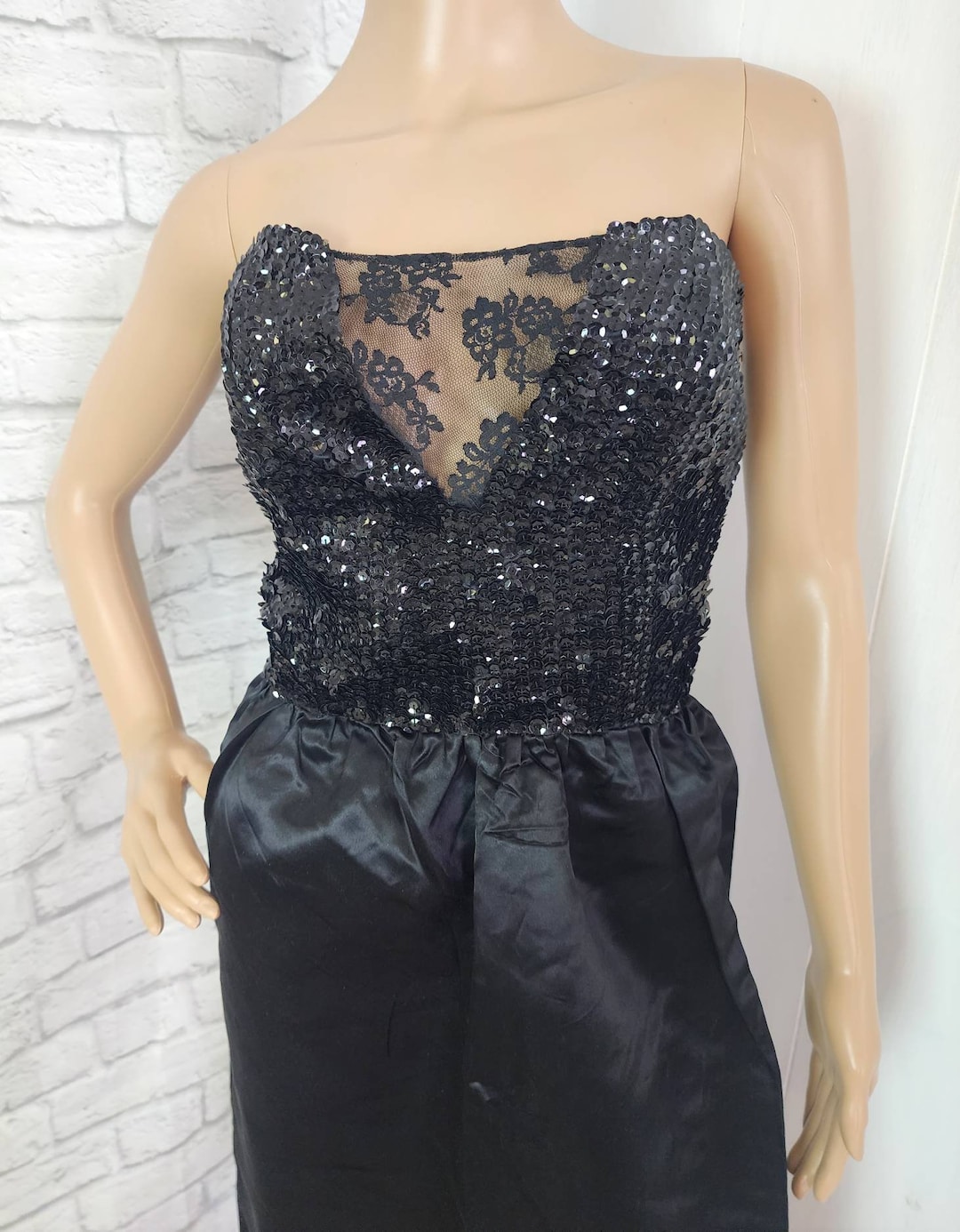 80s Vamp Goth Dress, Pinup Black Sequin Low V Lace Bust Back, Strapless ...