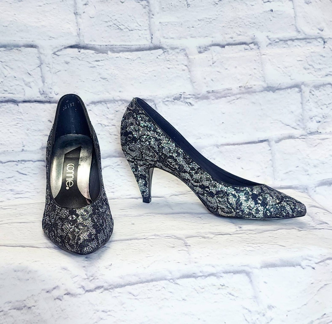 80s Black Lace Silver Glitter High Heal Bridesmaid Prom Shoes Womens ...