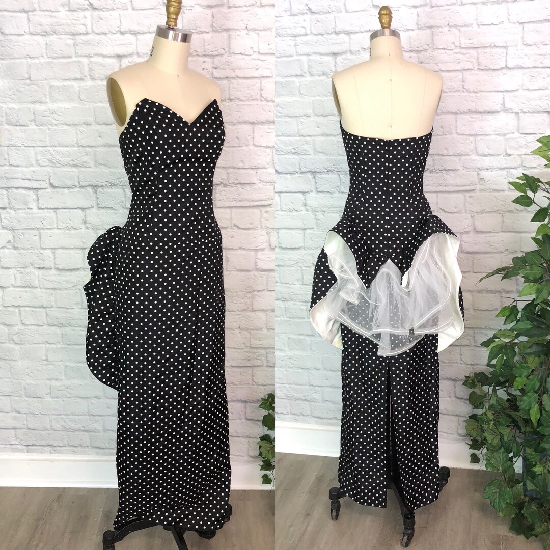 XS 80s Dress, Bustle Ruffle, Formal Prom Black White Polkadot Back ...