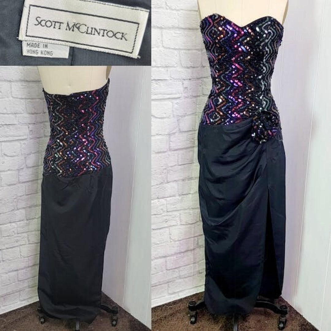 80s Black Strapless Multi Color Sequin Bodice Pinup Sarong - Etsy