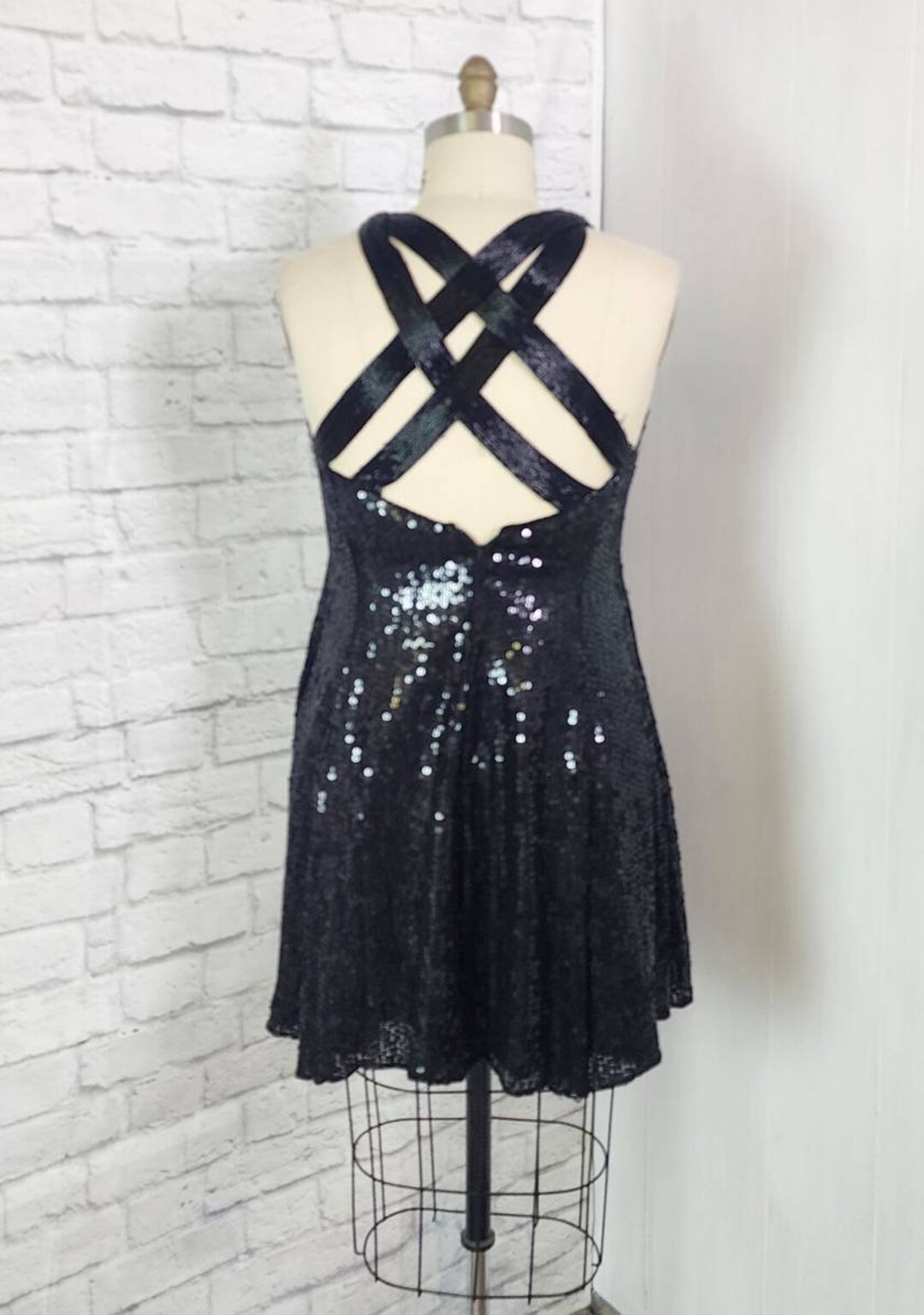 90s Dress, Gothic Party Frock, Bling Black Sequin X Open Back Silk ...