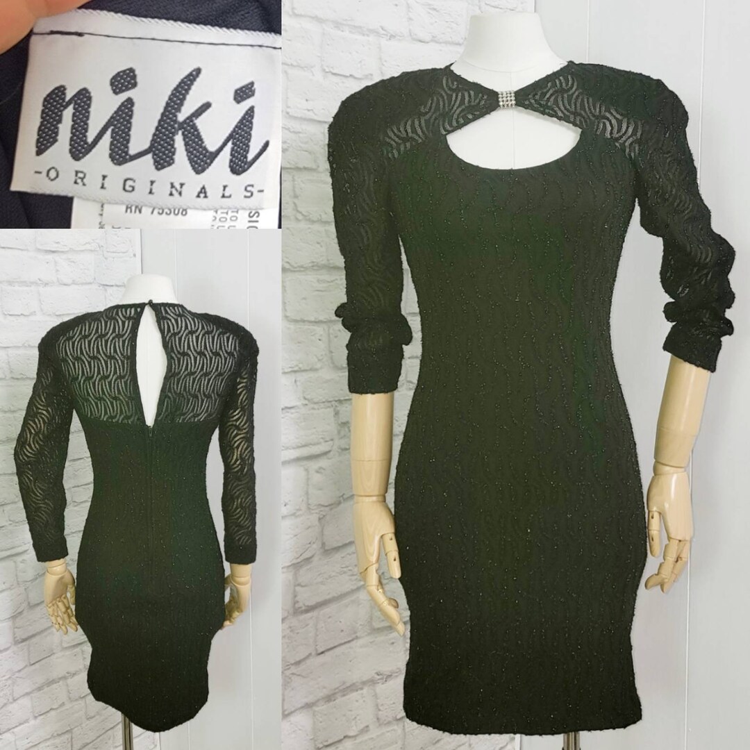 Vintage80s/90s Bodycon Dress Keyhole, Gothic Witchy Black Eyelash Lace ...