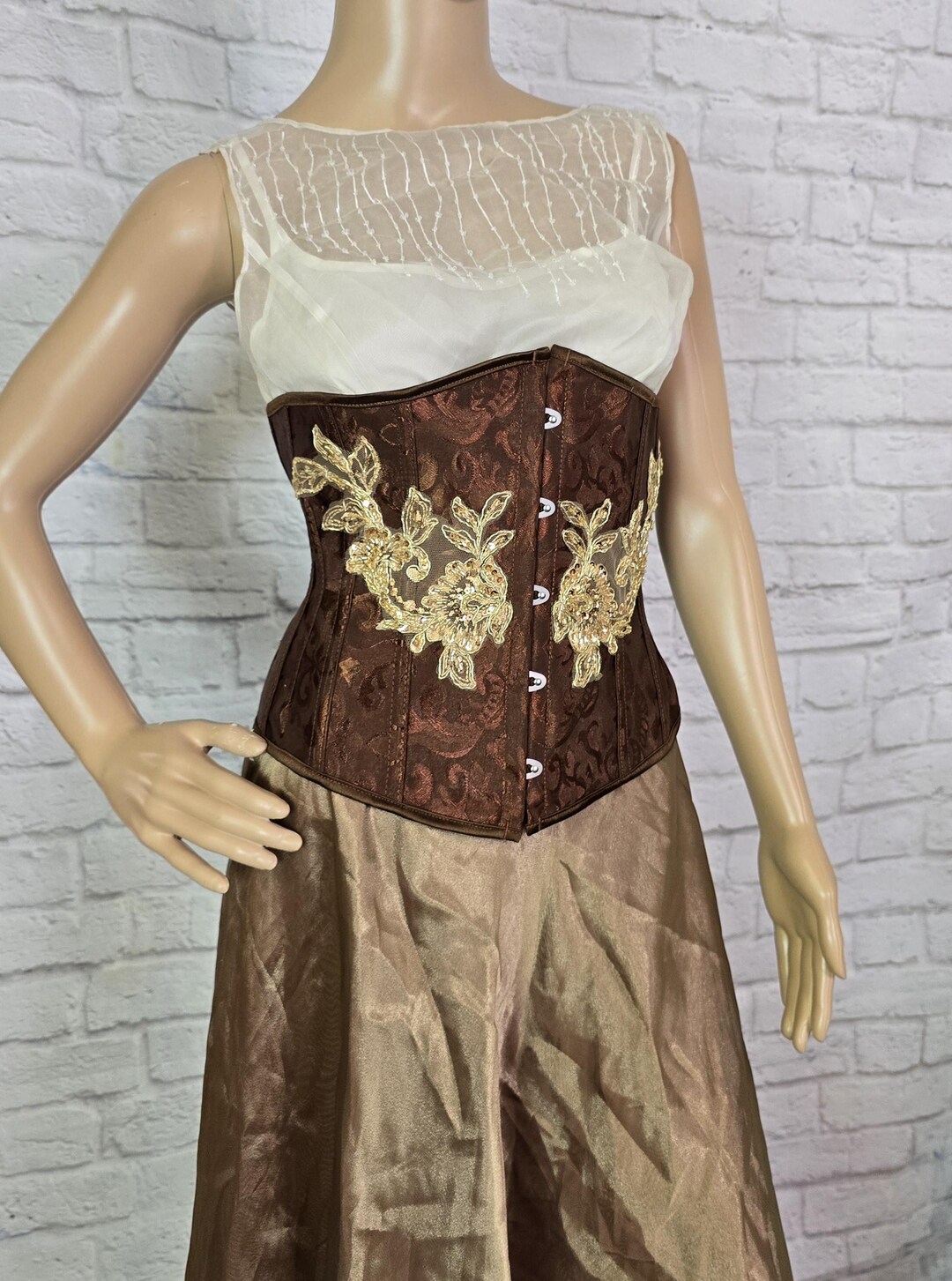 Underbust Corset, Brown Brocade, Gold Beaded Appliques Cosplay Corset ...