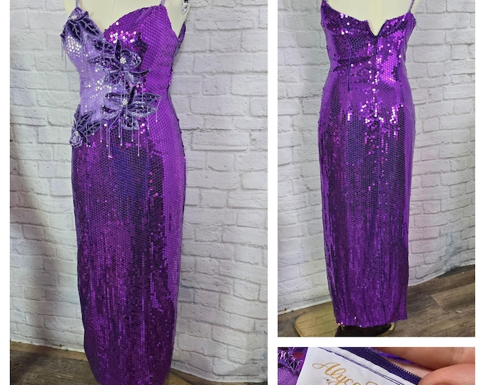 80s Purple Sequin Gown Bling Glam Prom Party Dress Glitter 1980s Size L ...