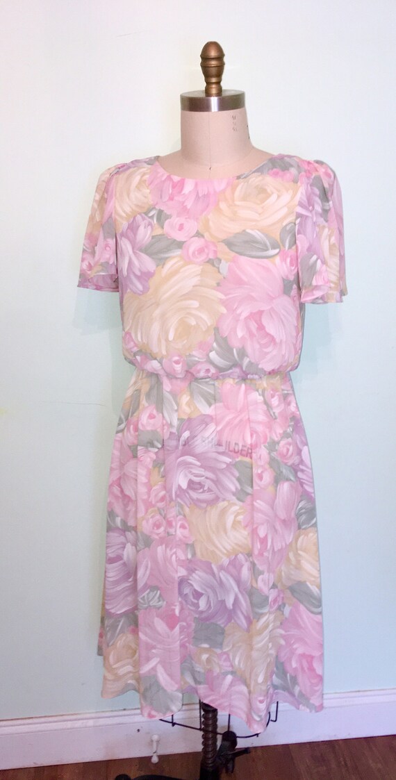 Spring Pastel Floral Dress Pink 80s flutter sleeve Cr… - Gem