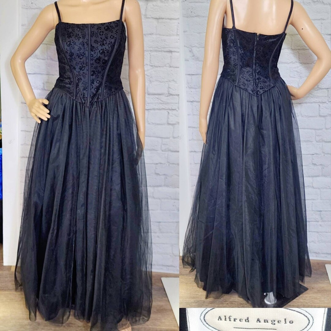 90s Gothic Bustier Corset Style Dress Black Floral Flocked Velvet Tulle ...