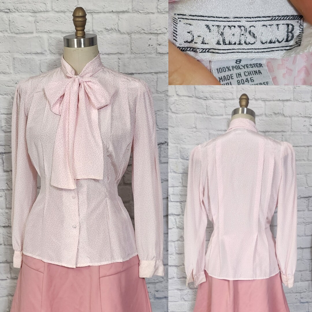 80s Pastel Blouse Pink White Abstract Bow Twee Blouse Long Sleeve ...