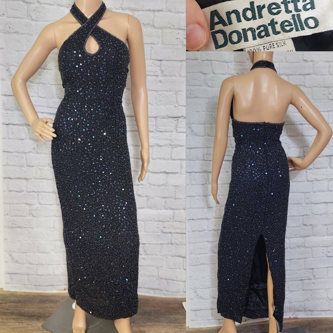 Vintage 90s Keyhole Halter Bling Gown Dress, Gothic Glam Iridescent ...