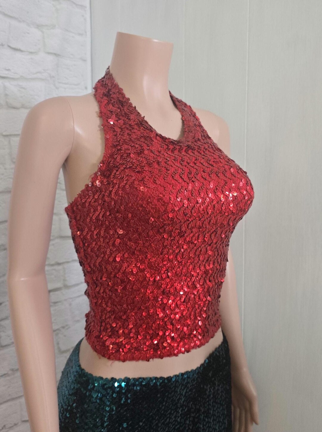 70s/80s Sequin Halter Top, Red Stretchy Disco Crop Top, Dance Devil ...