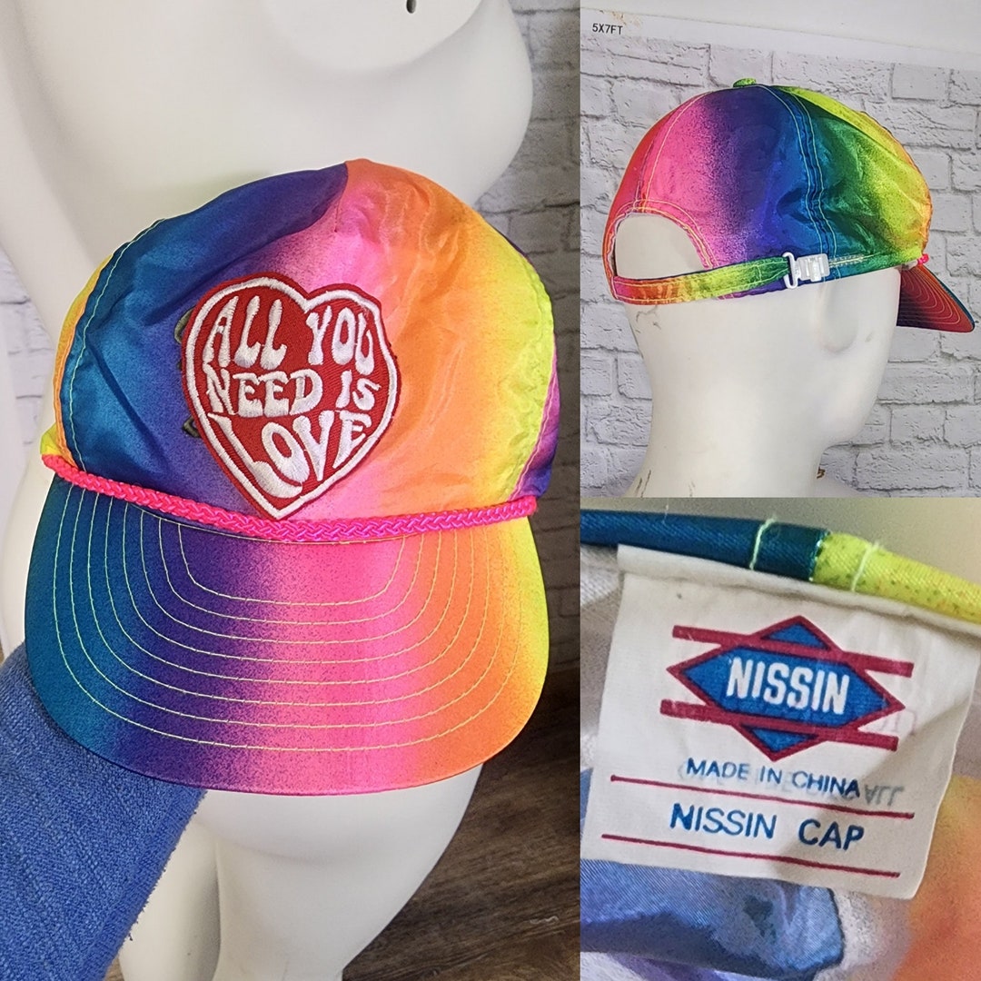 80s Baseball Cap, Neon Rainbow, Hippie All You Need is Love, Nylon ...
