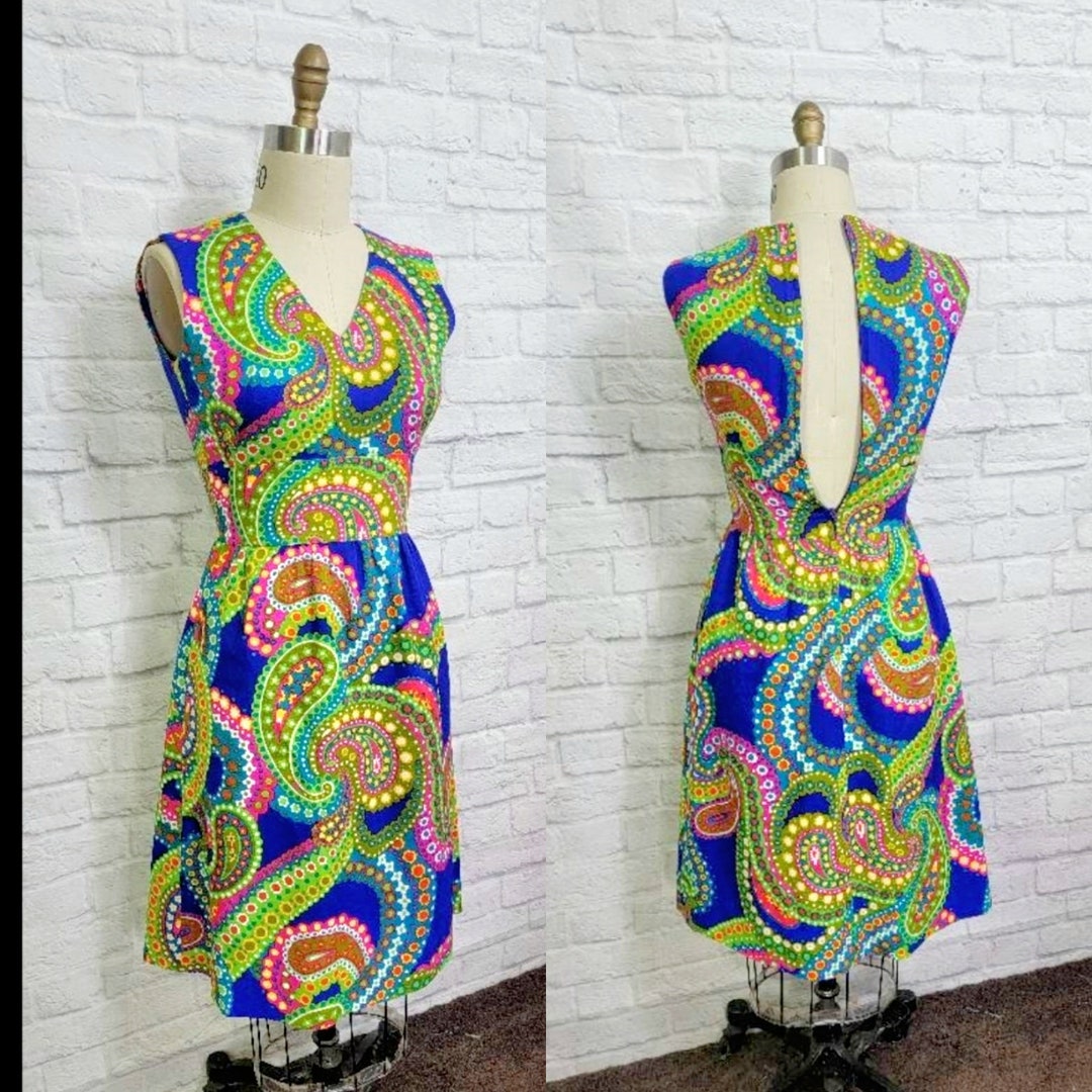 60s Mod Dress, Neon Psychedelic Floral, Barkcloth Mini Dress, Aline ...