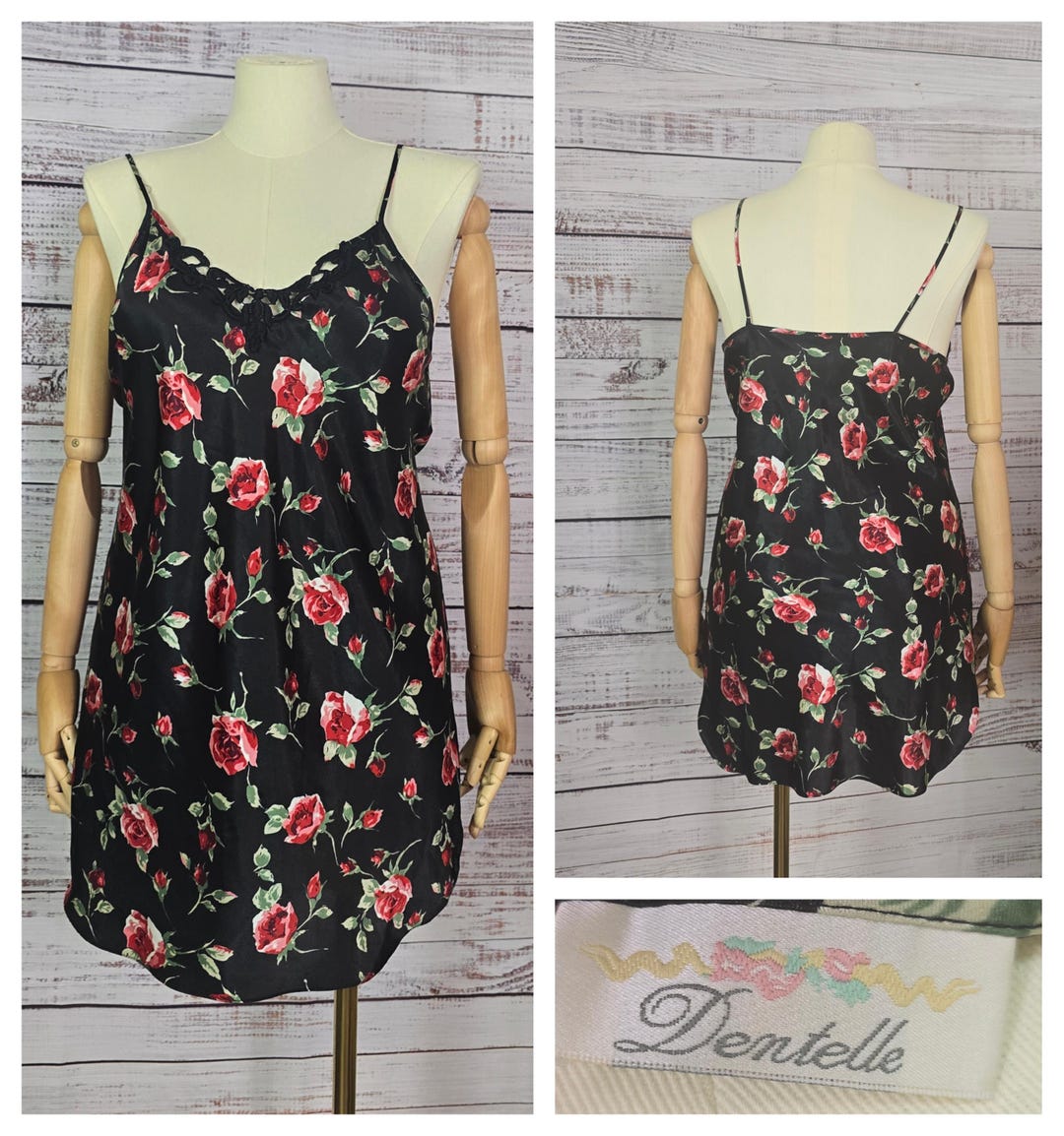 Volup 90s Satin Slip Dress Nightgown Mini Curved Hemline Black Red Rose ...