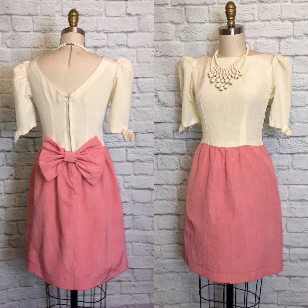 1980s 90s Formal Prom Dress Mini Ivory Pink Puff Sleeves Size Small XS ...