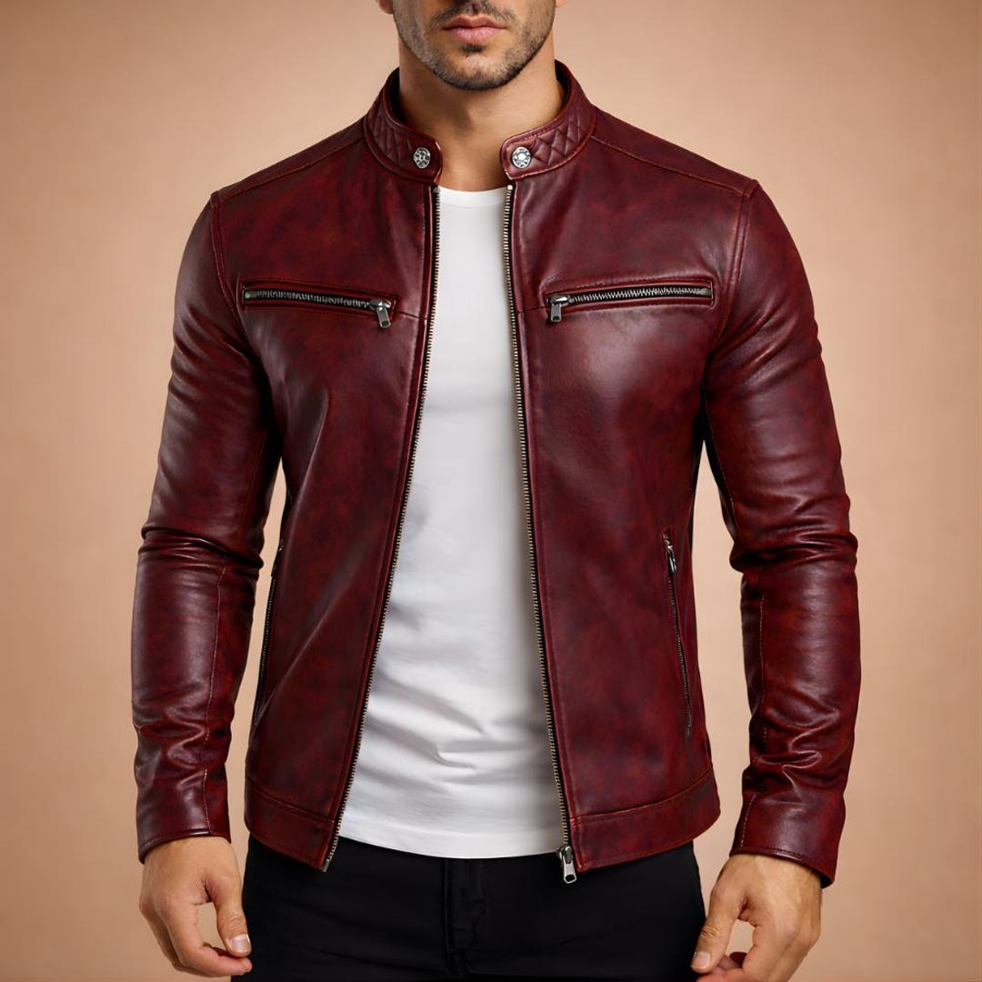 Men’s Burgundy Leather Biker Jacket: Slim Fit Cafe Racer, Crimson Forge ...