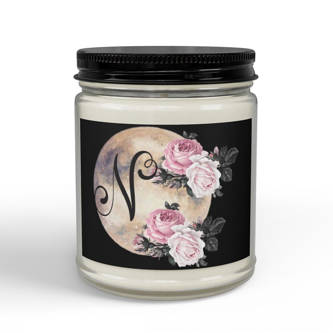 Floral Moon Initial N Candle Jar | Soy Candle With Black Lid Gifte ...