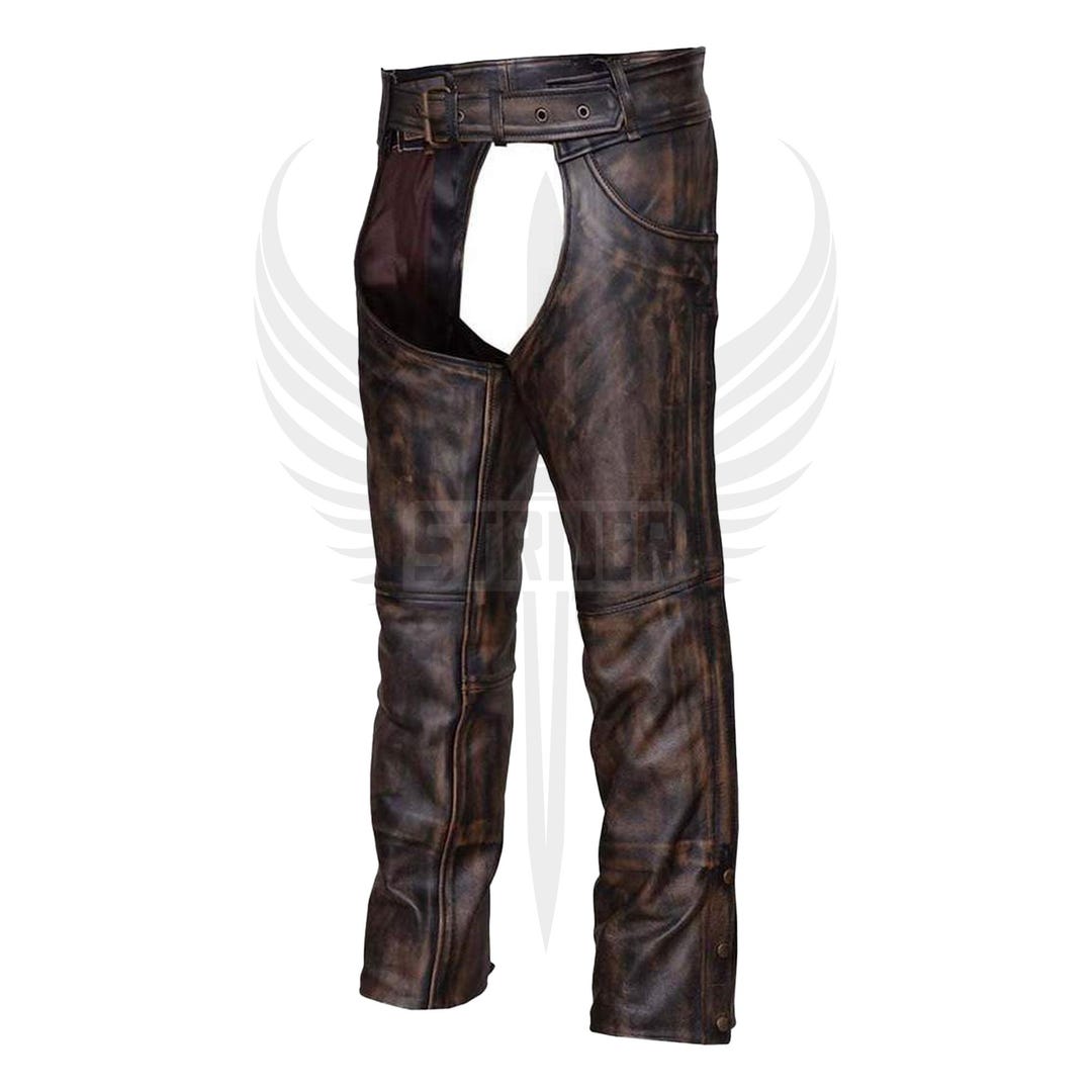 Mens Distressed Leather Motorcycle Chaps Classic Jean Style Pockets ...