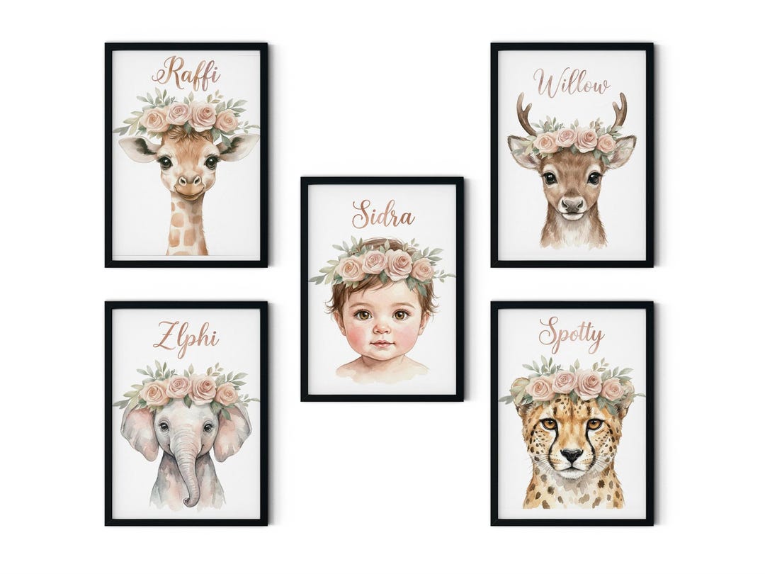 Personalized Baby Portrait Nursery Art Set, Animals Illustration ...
