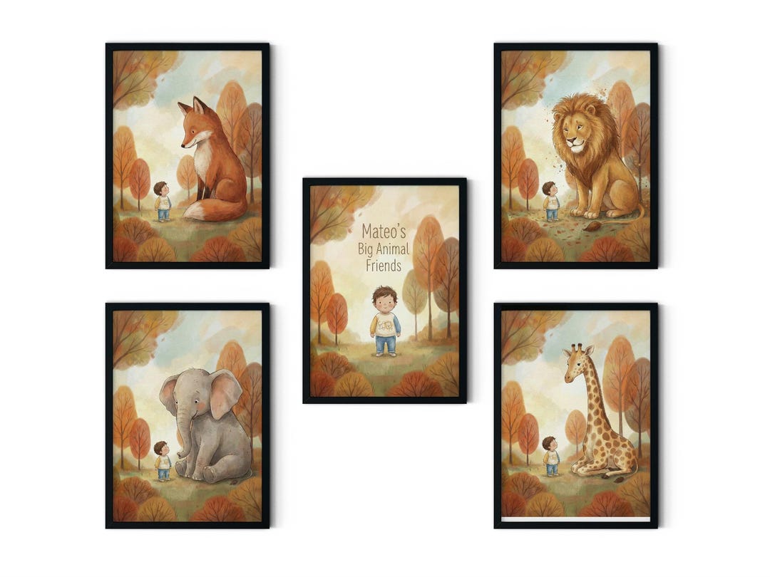 Personalized Baby Portrait Nursery Art Set, Animals Illustration - Etsy